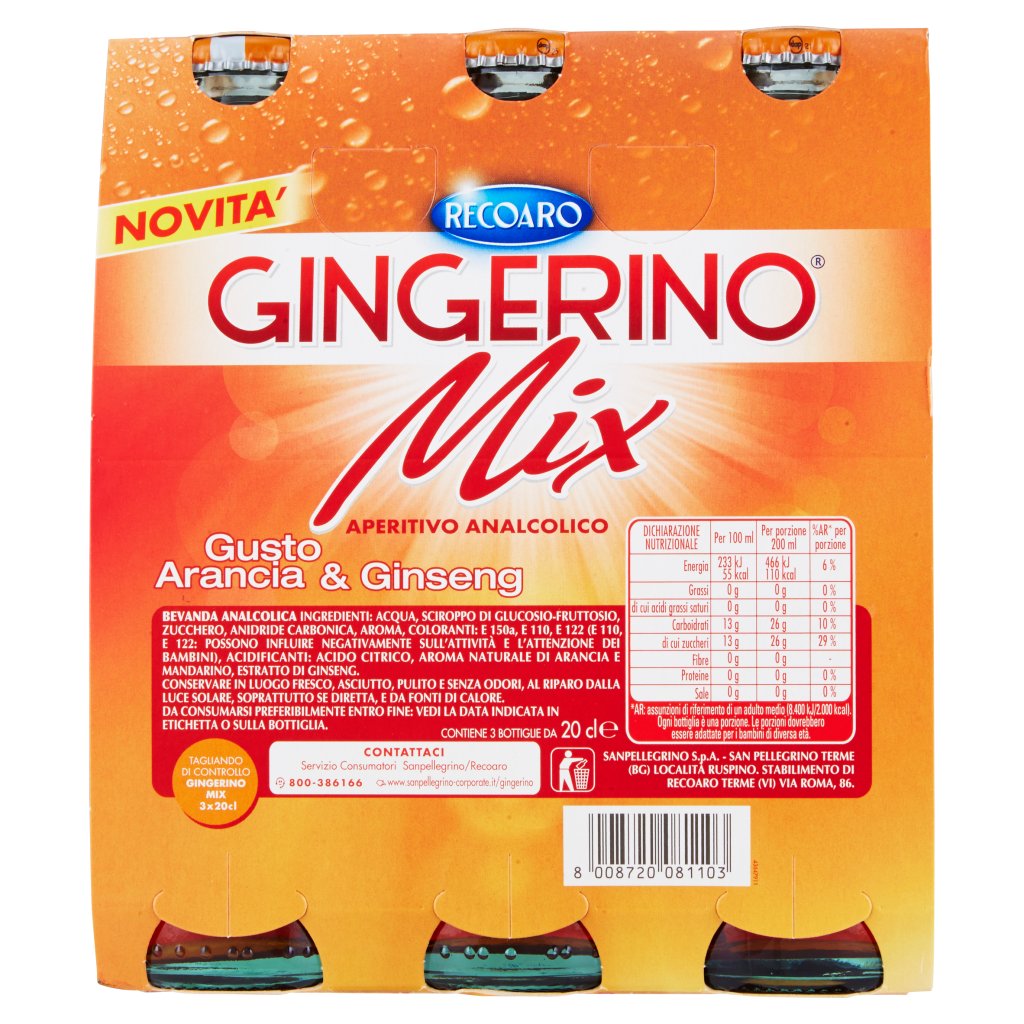 RECOARO GINGERINO MIX, Aperitivo Analcolico Gusto Arancia & Ginseng ...